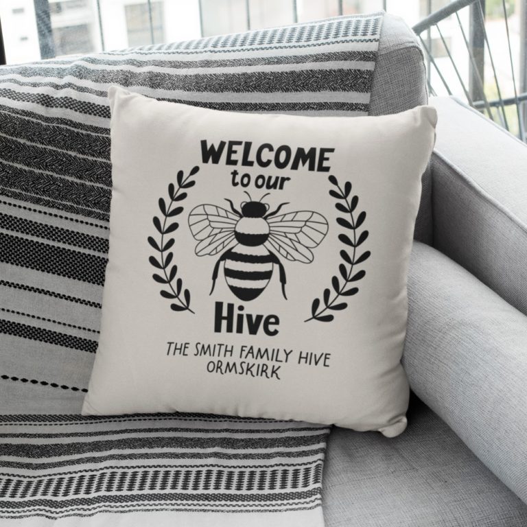 Welcome to Our Hive Personalised Hand Printed Bee Cushion